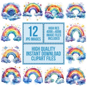 12x Rainbow and Clouds Clipart, Watercolor Stars and Rainbow, Printable ...