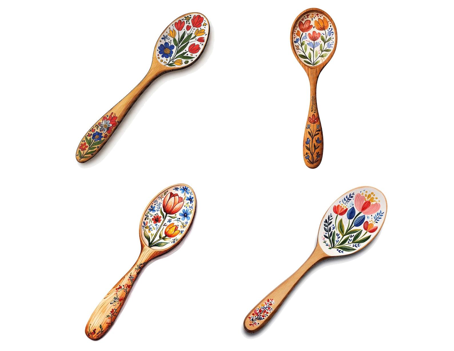Folk Floral Spoon Clipart, 12x Hand-painted Floral Spoons Clip Art Set ...