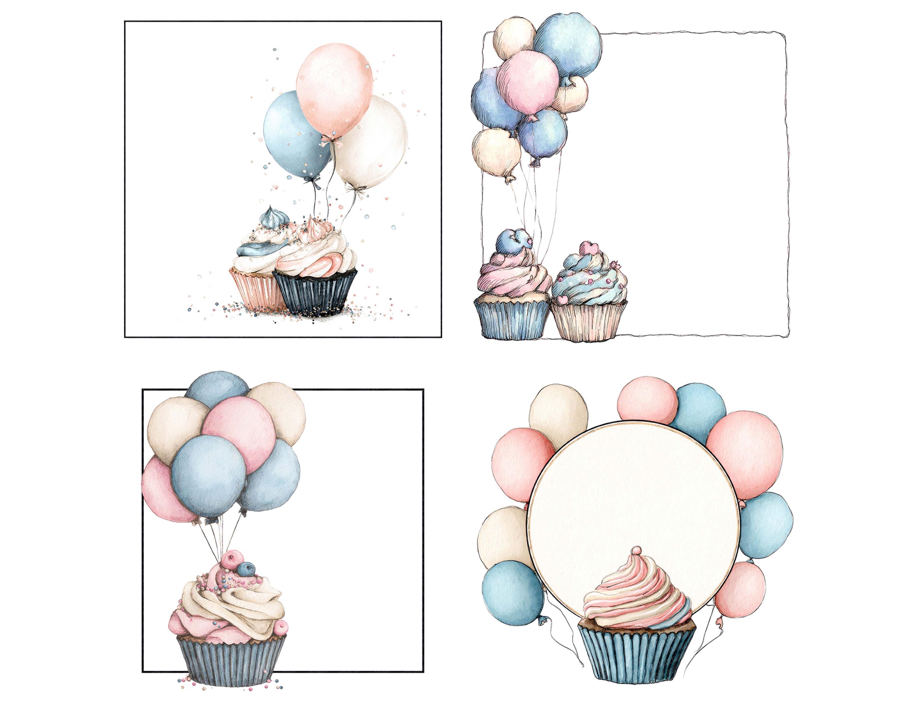 Cupcake Balloon Frame PNG Clipart, 12x Watercolor Party Clip Art Set ...