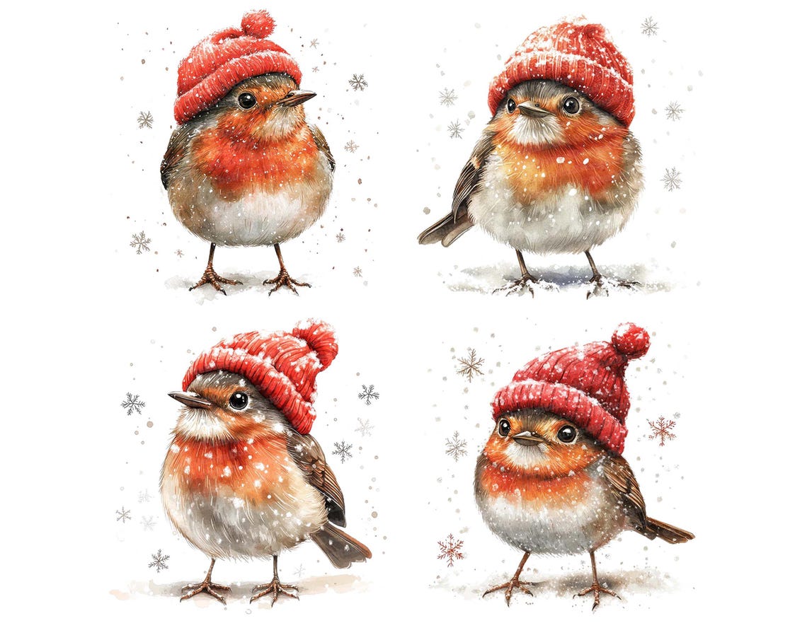 Christmas Robin Clip Art, 12x Winter Bird Clipart Set, Red Hat Robin ...