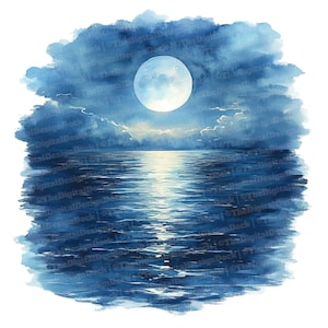 12 Moon Over Water Clipart, Watercolor Full Moon Reflection, Printable ...
