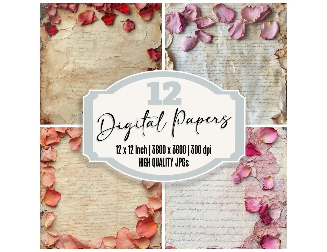 12x Rose Poem Junk Journal Paper Edge Frame Digital Paper Pack Vintage ...