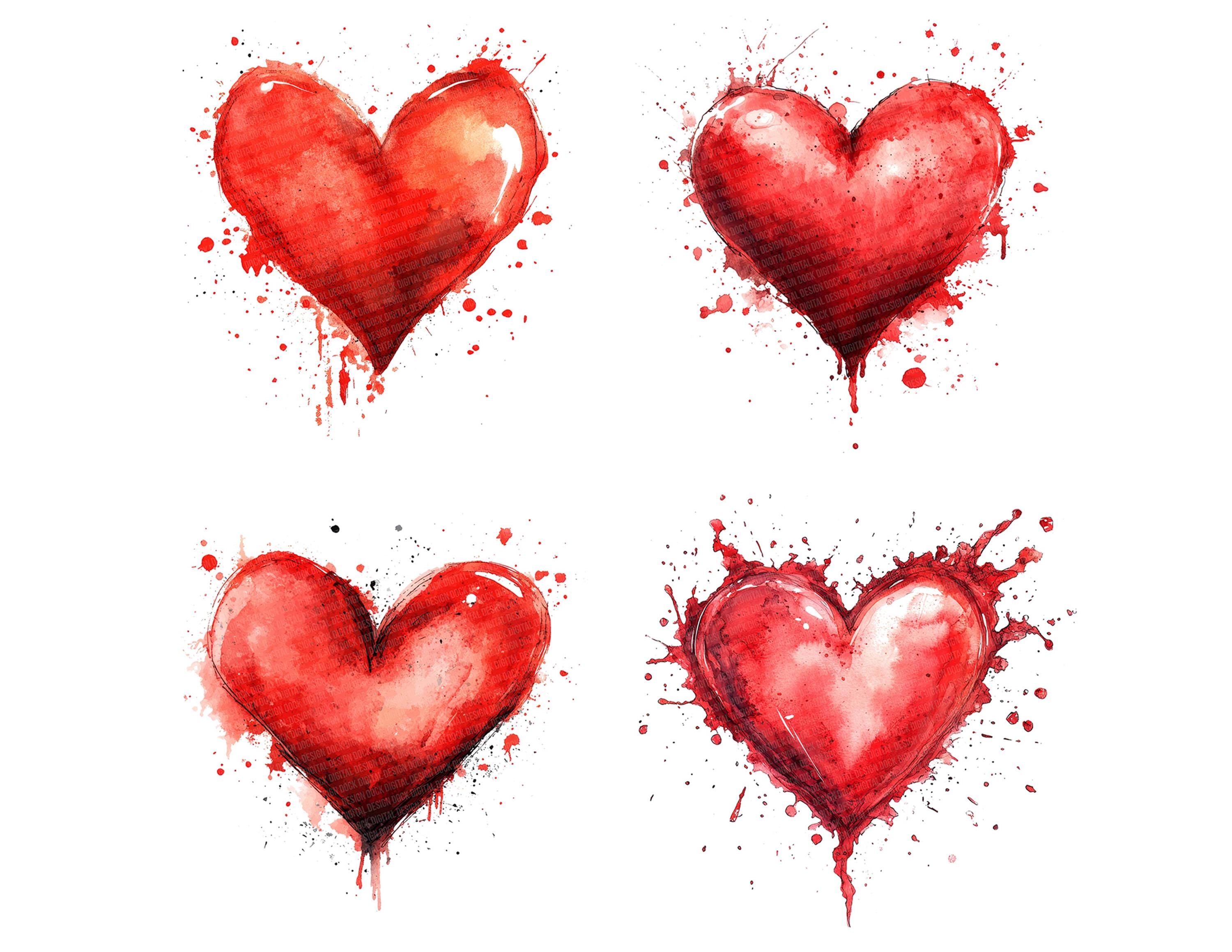 Red Watercolor Heart PNG Clipart, 12x Splatter Love Heart Clip Art Set ...
