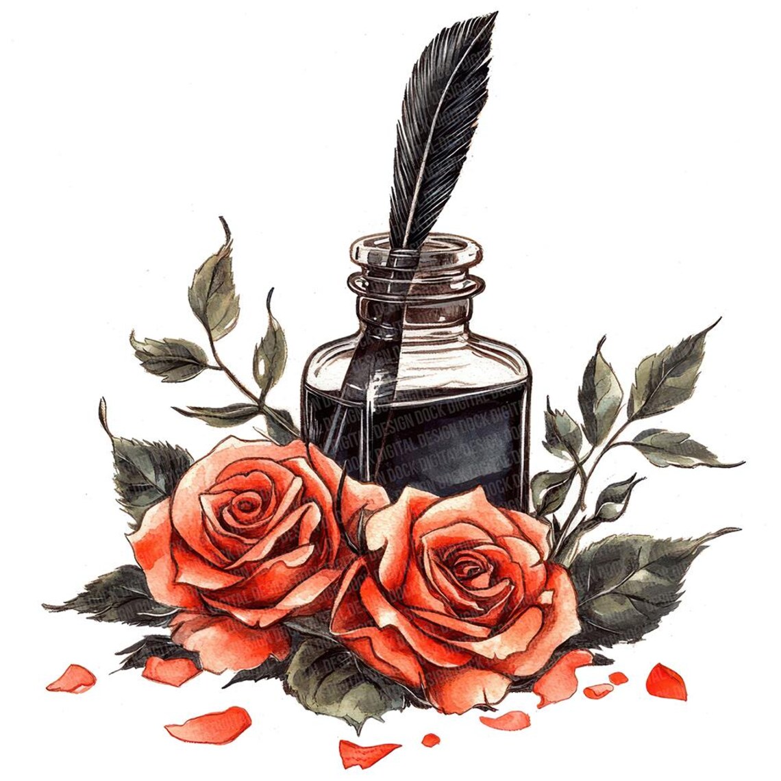 12x Feather Quill PNG Clipart, Ink Bottle With Roses Clip Art Set ...