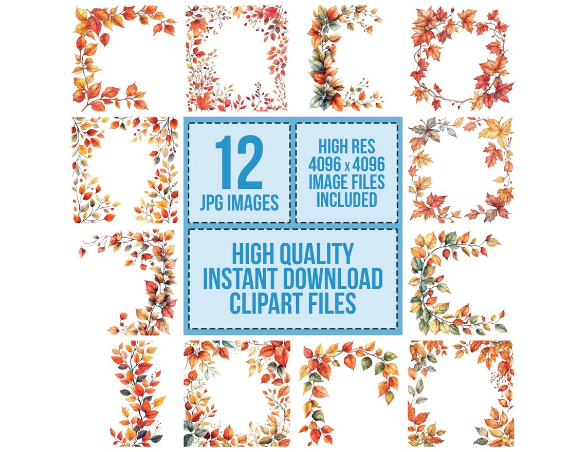 12 Fall Leaves Border Clipart, Watercolor Autumn Illustration ...