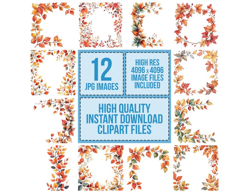 12 Fall Leaves Border Clipart, Watercolor Autumn Illustration ...
