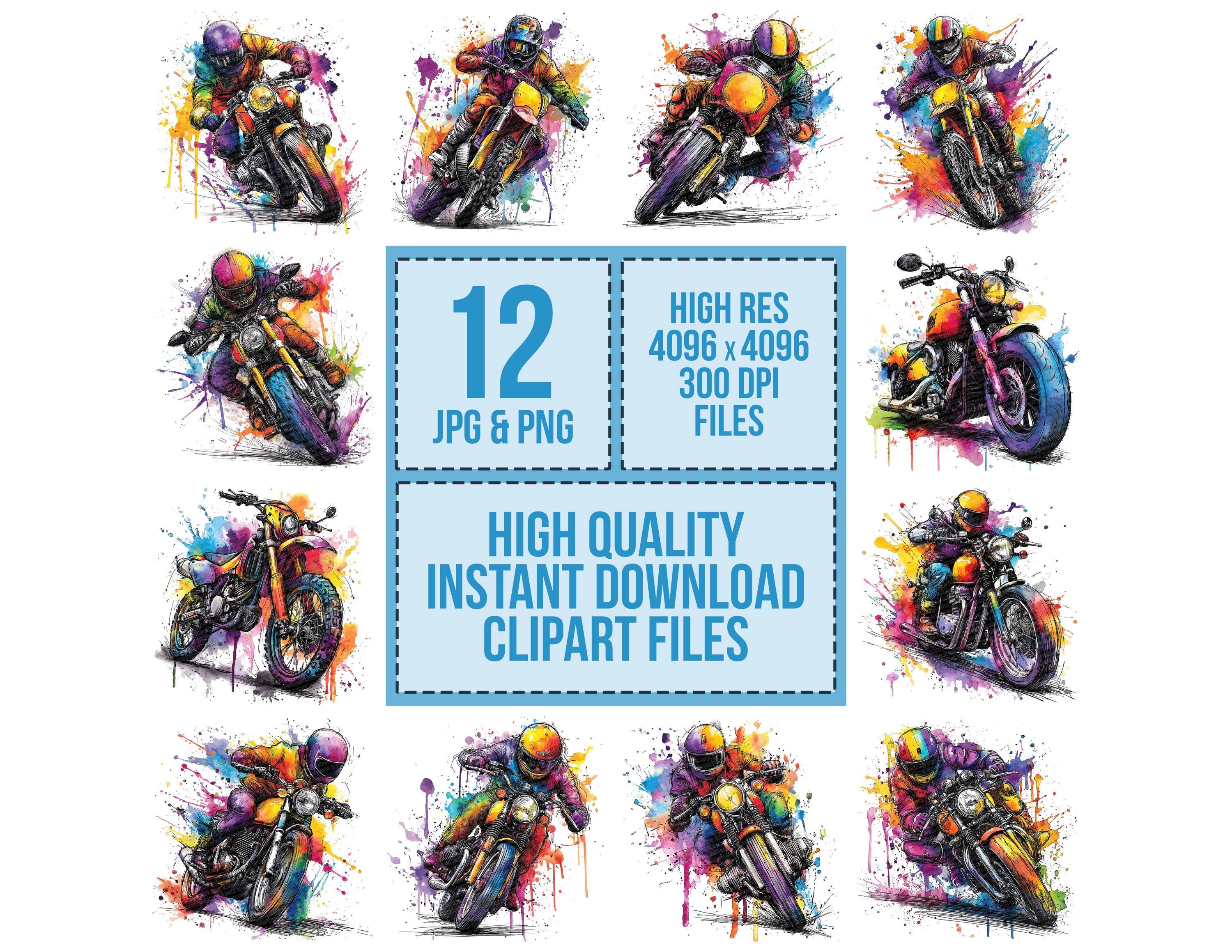 Neon Motorbike PNG Clipart, 12x Watercolor Motorcycle Clip Art Set ...