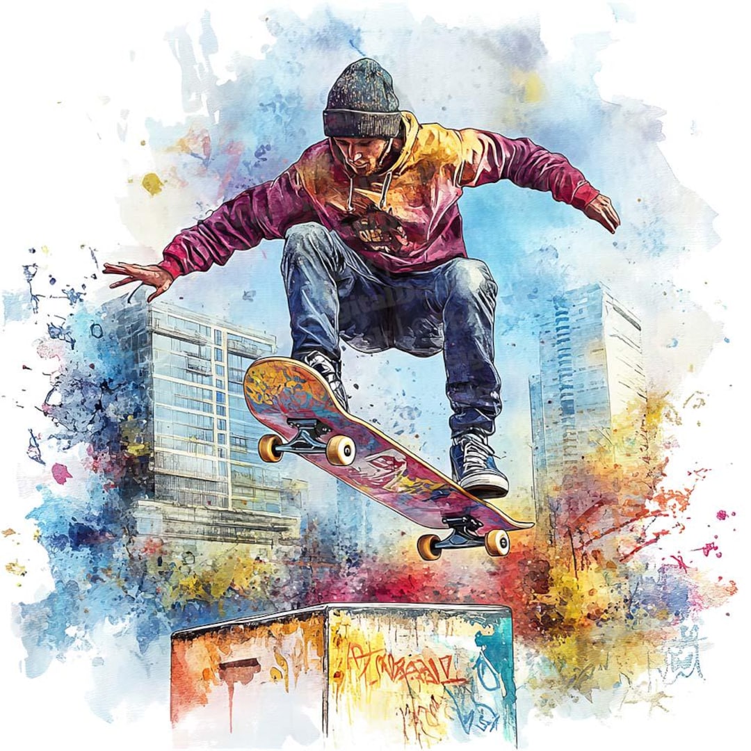 Skateboarder Clip Art, 12x Watercolor Skateboarding Clipart Set ...
