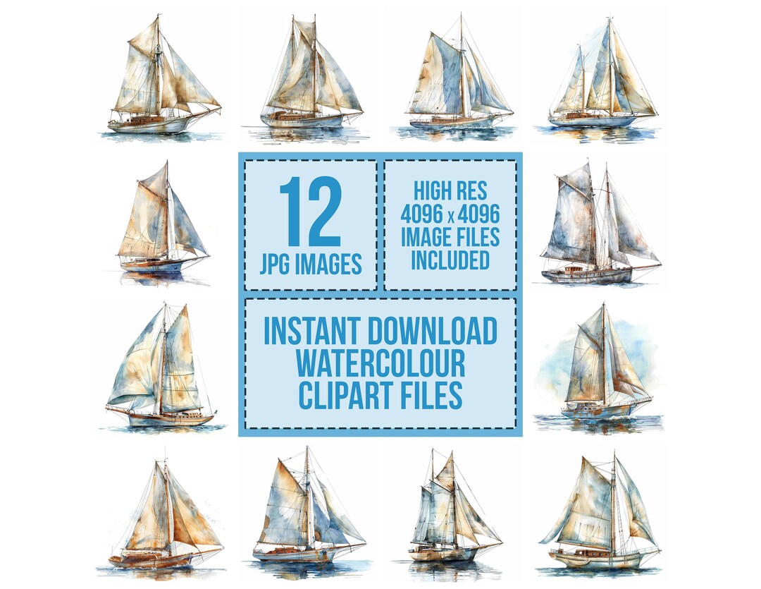 12 Sailboat Clipart, Vintage Sailing Ship Clipart, Printable Watercolor ...