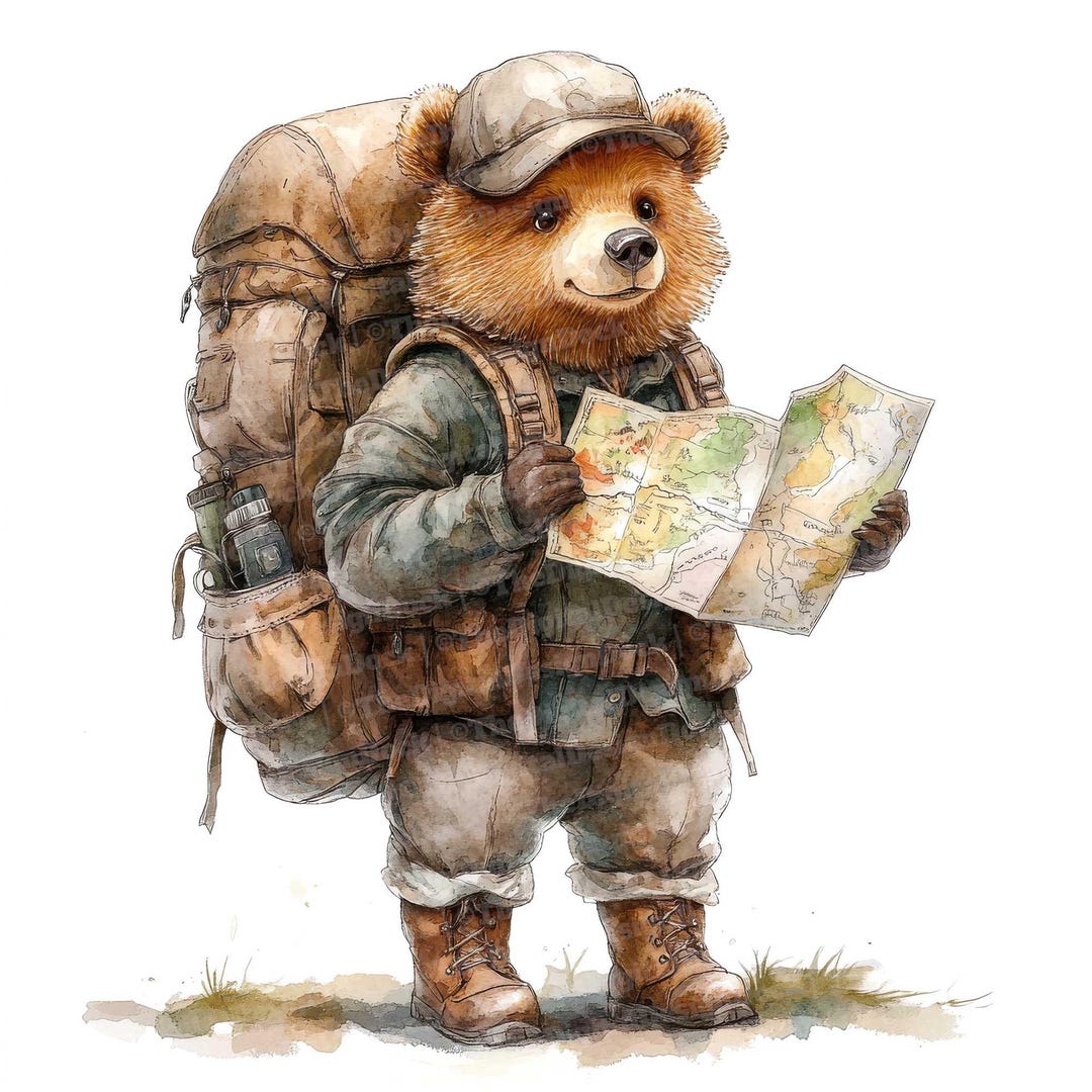 Hiking Bear Clipart, Backpacking Bear Watercolor Art, Printable Digital ...