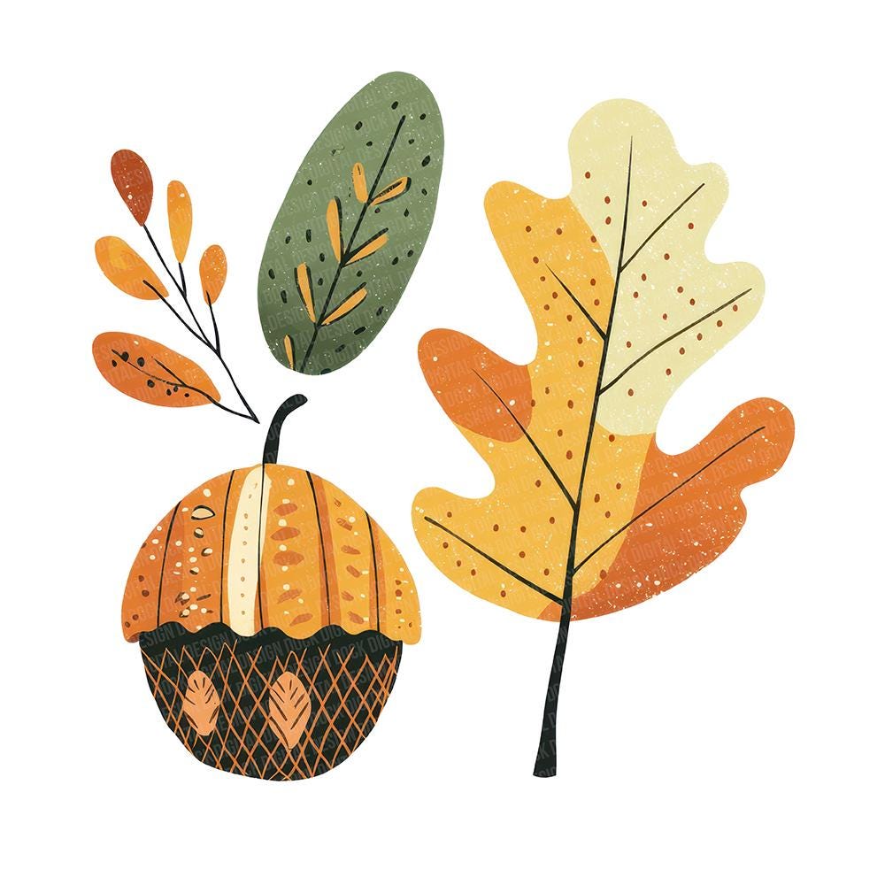 Acorn PNG Clip Art, 12x Folk Acorn and Leaf Clipart Set, Printable ...