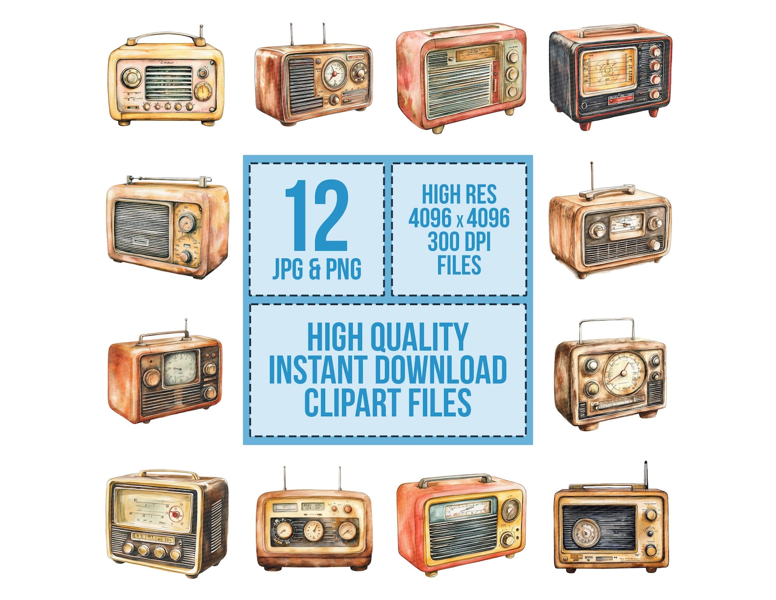 12x Retro Radio PNG Clipart, Antique Radio Clip Art Set, Printable ...