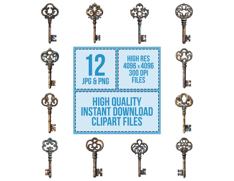 12 Antique Key PNG Clipart, Vintage Ornate Keys Art, High Quality Clip ...