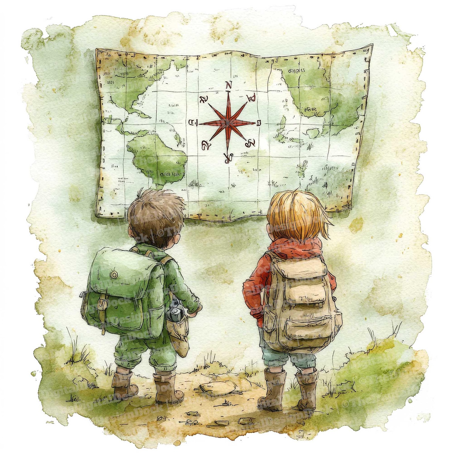 Adventure Kids Clip Art, 12x Watercolor Kids With Map Clipart Set ...