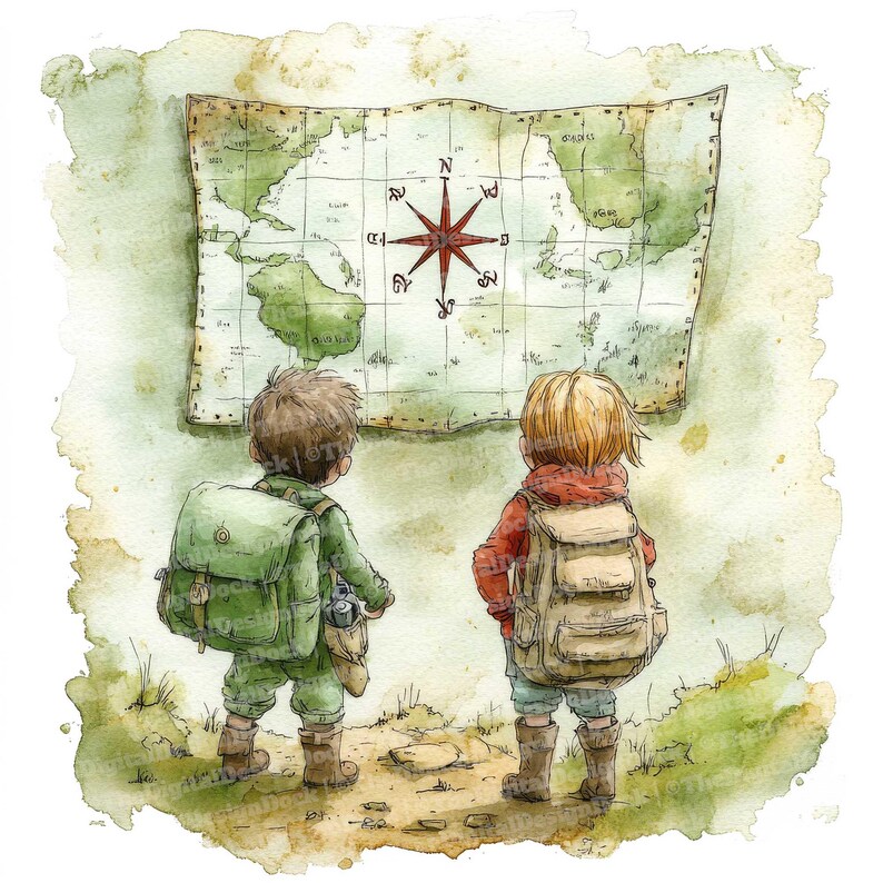 Adventure Kids Clip Art, 12x Watercolor Kids With Map Clipart Set ...