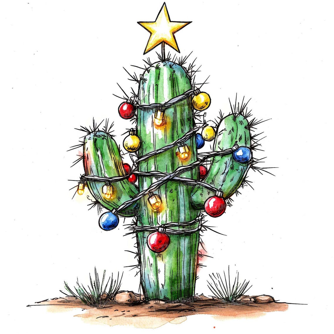 12x Christmas Cactus Tree Clipart, Watercolor Holiday Desert ...