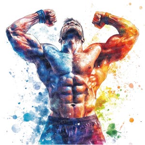 12 Muscle Man Clipart, Watercolor Fitness Gym Art, Printable Watercolor ...