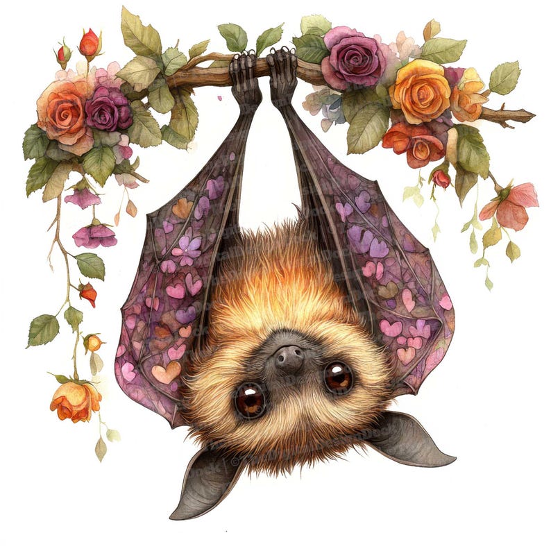 12x Bat Clipart, Hanging Bat With Flowers, Printable Floral Watercolor ...