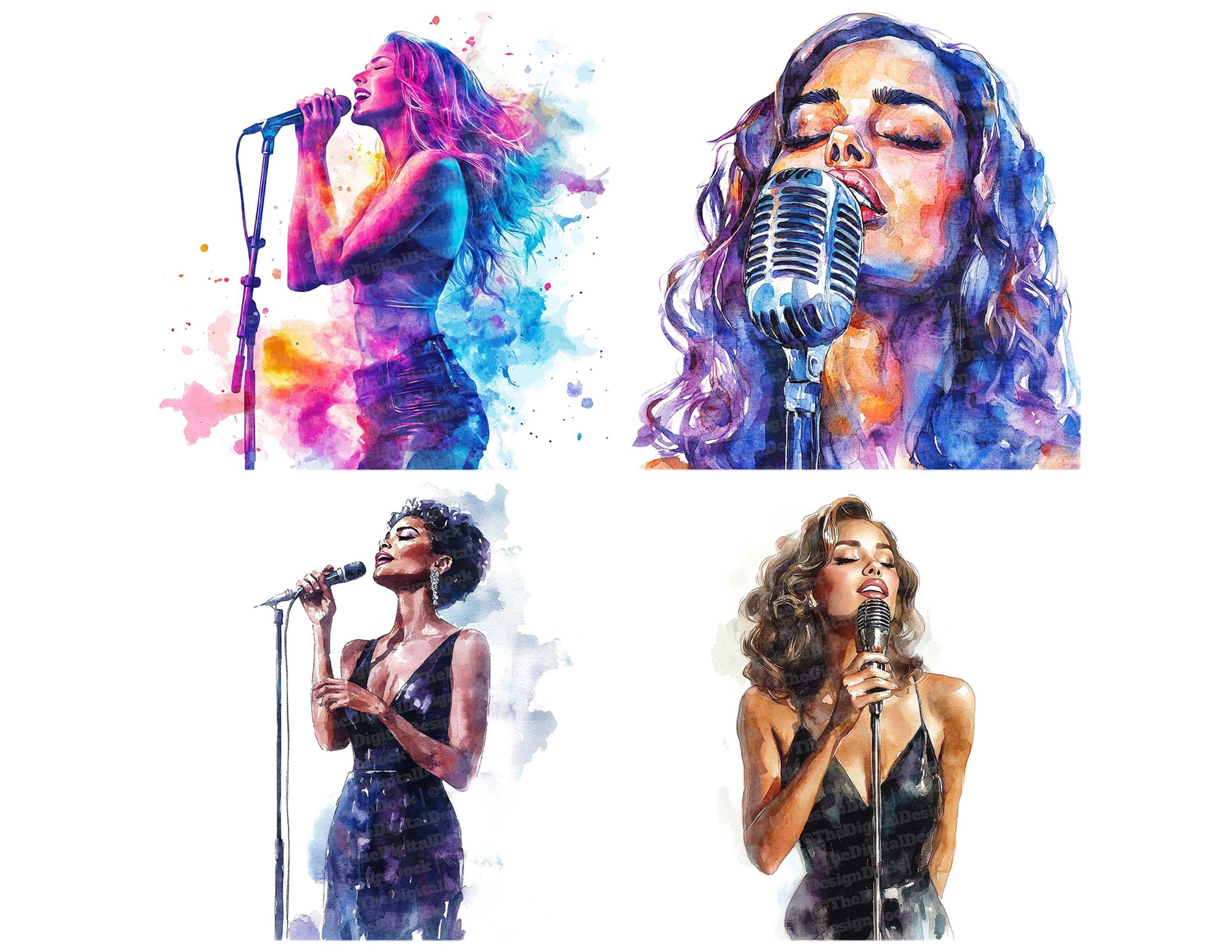 Singer Clip Art, 12x Watercolor Woman Singing Clipart Set, Printable ...