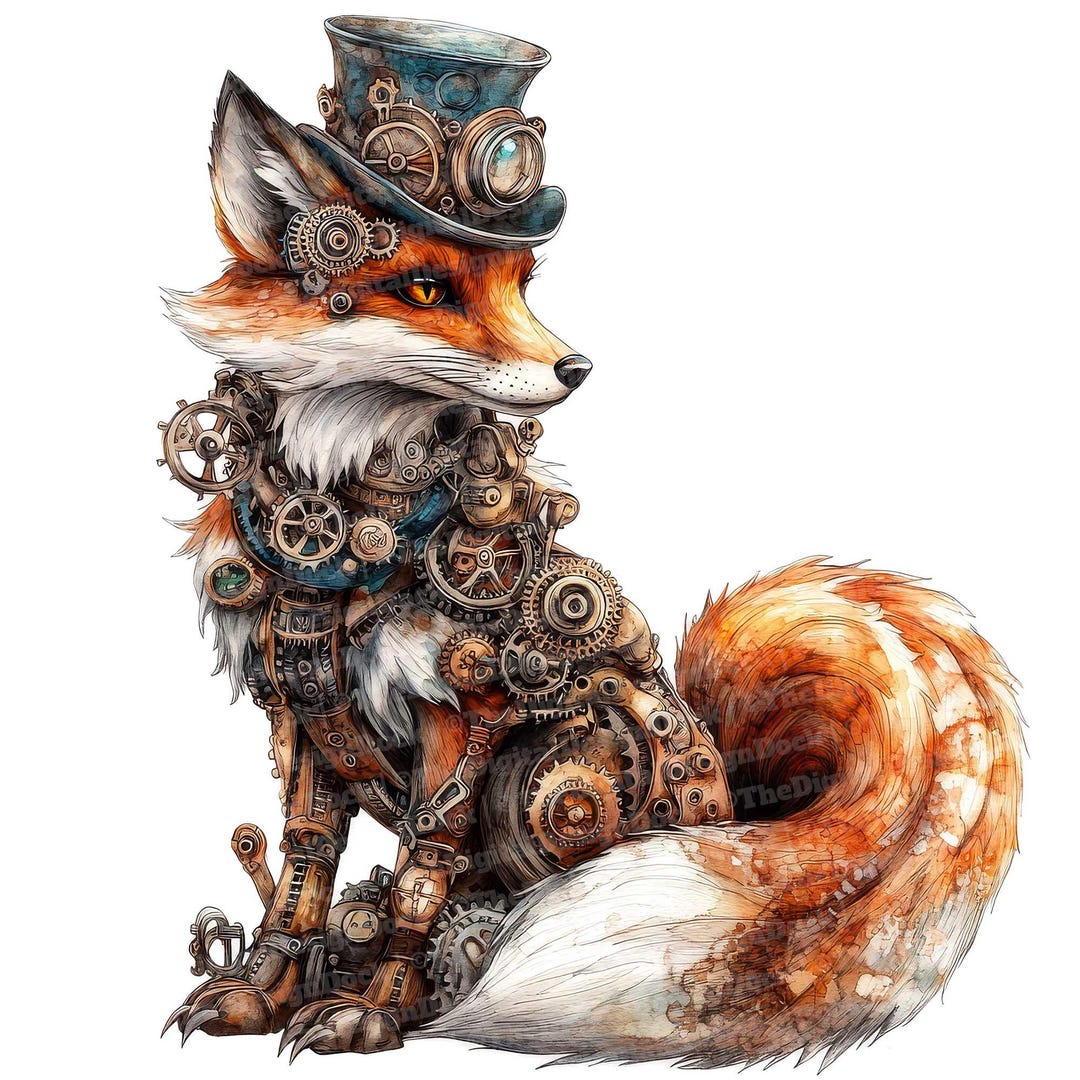 12x Steampunk Fox Clipart, Watercolor Mechanical Animal, High Quality ...