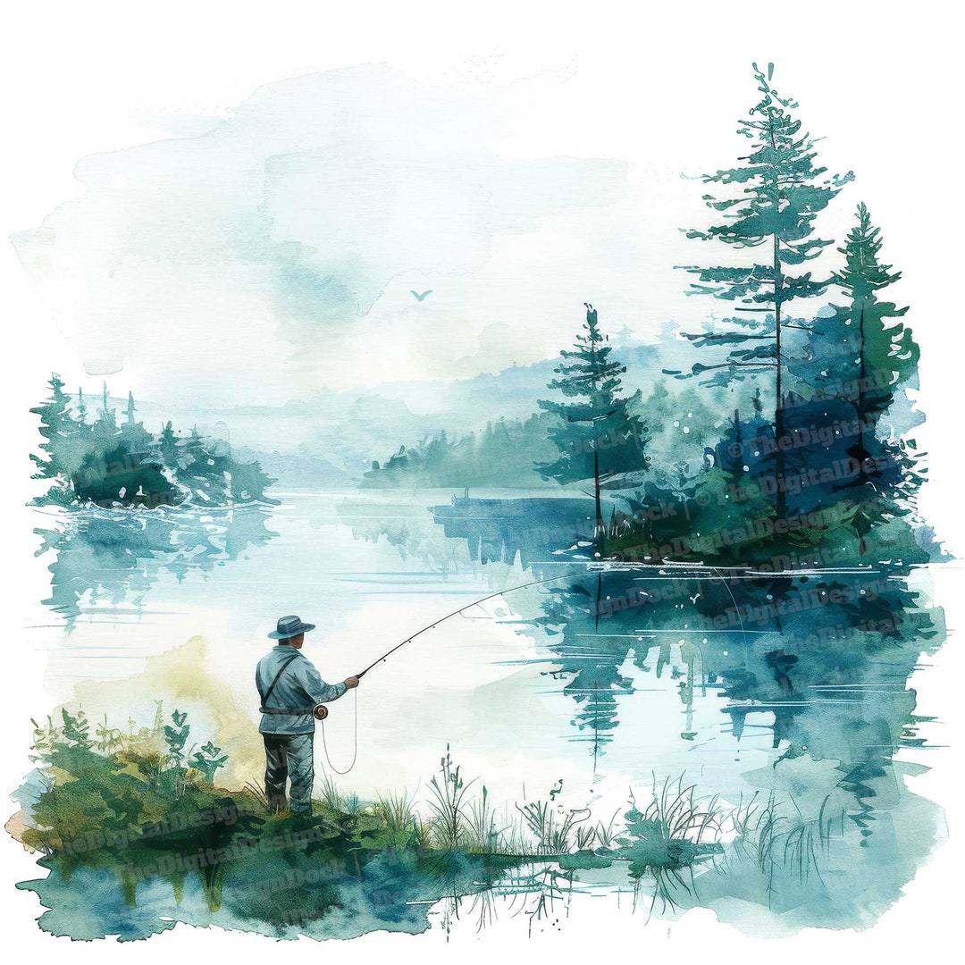Fishing Scene Clipart, 12 Jpgs, Watercolor Lake Clipart, Printable ...