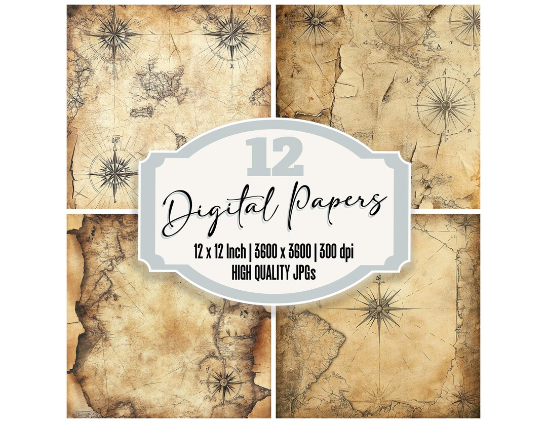 Aged Map & Compass Junk Journal Paper Pack, 12x Vintage Digital Paper ...