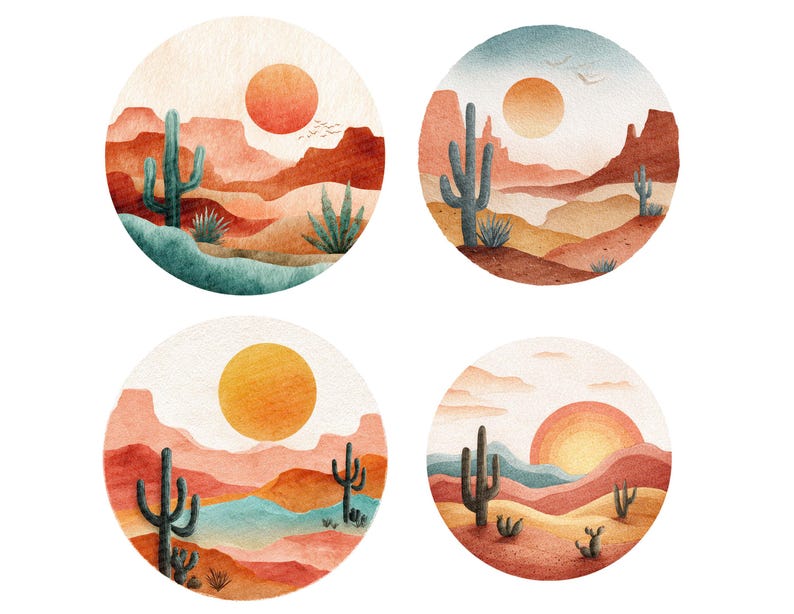 Desert PNG Clipart, 12x Round Landscape Clip Art Set, Printable ...