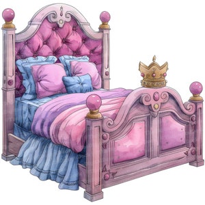 12x Princess Bed Clipart, Pink Crown Bed Clipart, Printable Watercolor ...