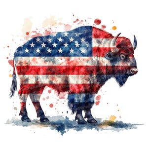 12 American Flag Bison Watercolor Clipart, Patriotic Buffalo Art ...