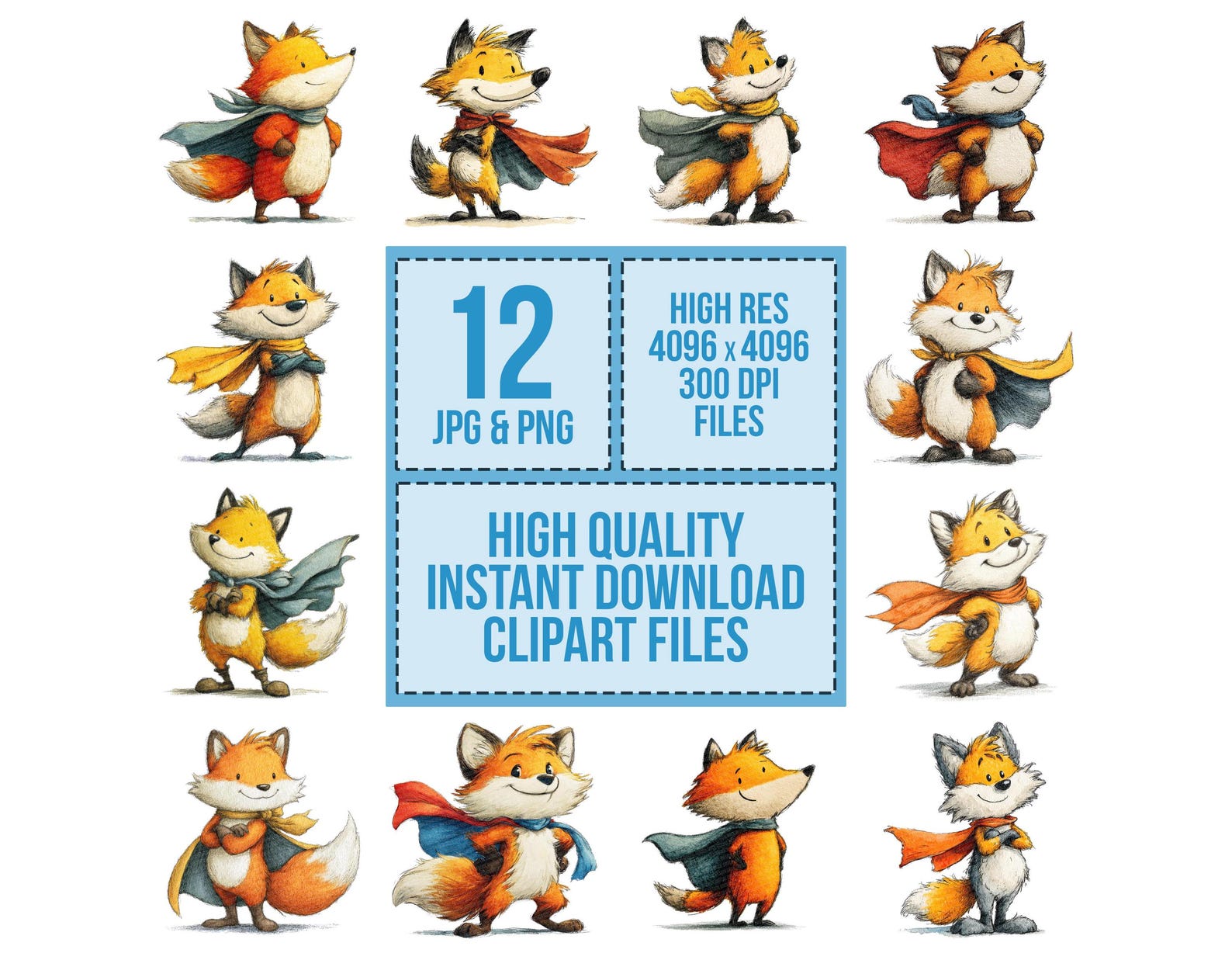 Superhero Fox PNG Clip Art, 12x Animal Character Clipart Set, Printable ...