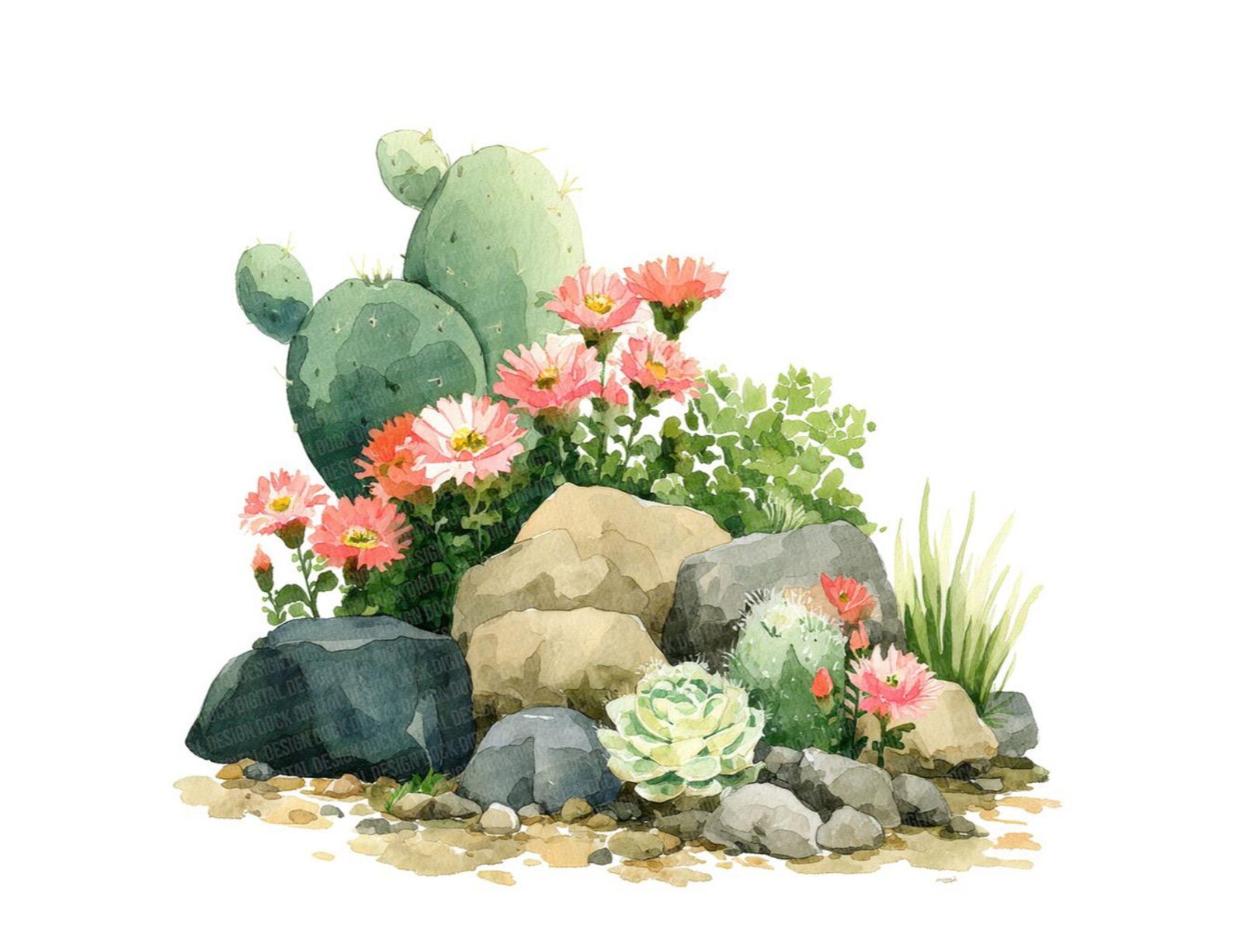 Cactus and Desert Flower Rockery PNG Art, 12x Southwestern Succulent ...