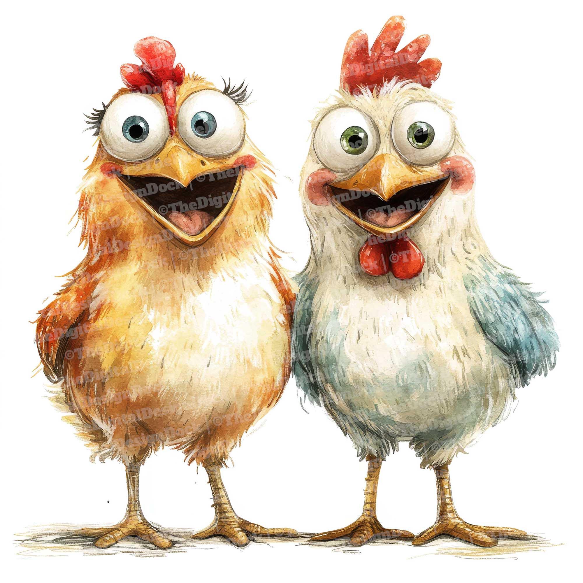 12 Funny Chicken Clip Art, Watercolor Quirky Chicken Friends ...