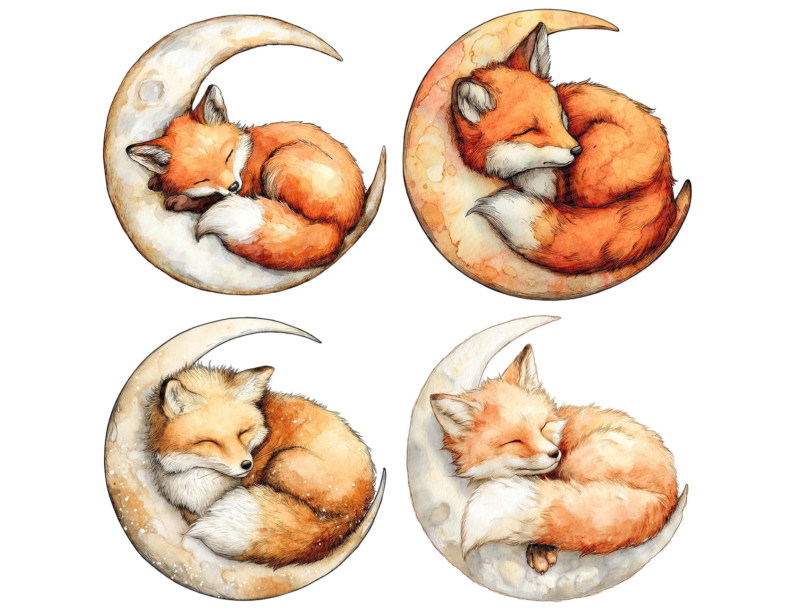 12x Crescent Moon Fox PNG Clipart, Watercolor Sleeping Foxes Clip Art ...