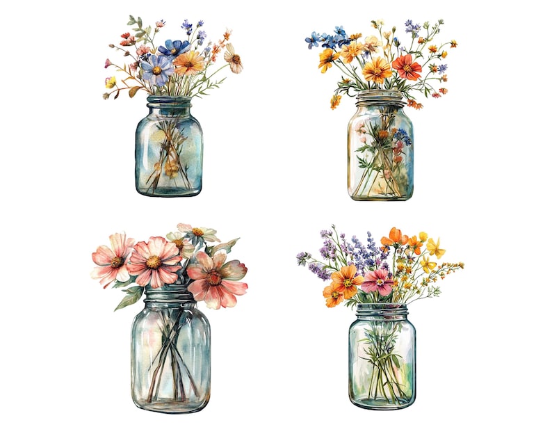 Mason Jar Flowers PNG Clipart, 12x Rustic Floral Illustration ...