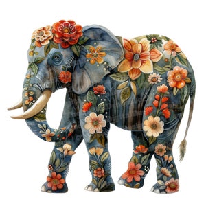12 Floral Elephant Clipart, Boho Animal Clipart, Printable Watercolor ...