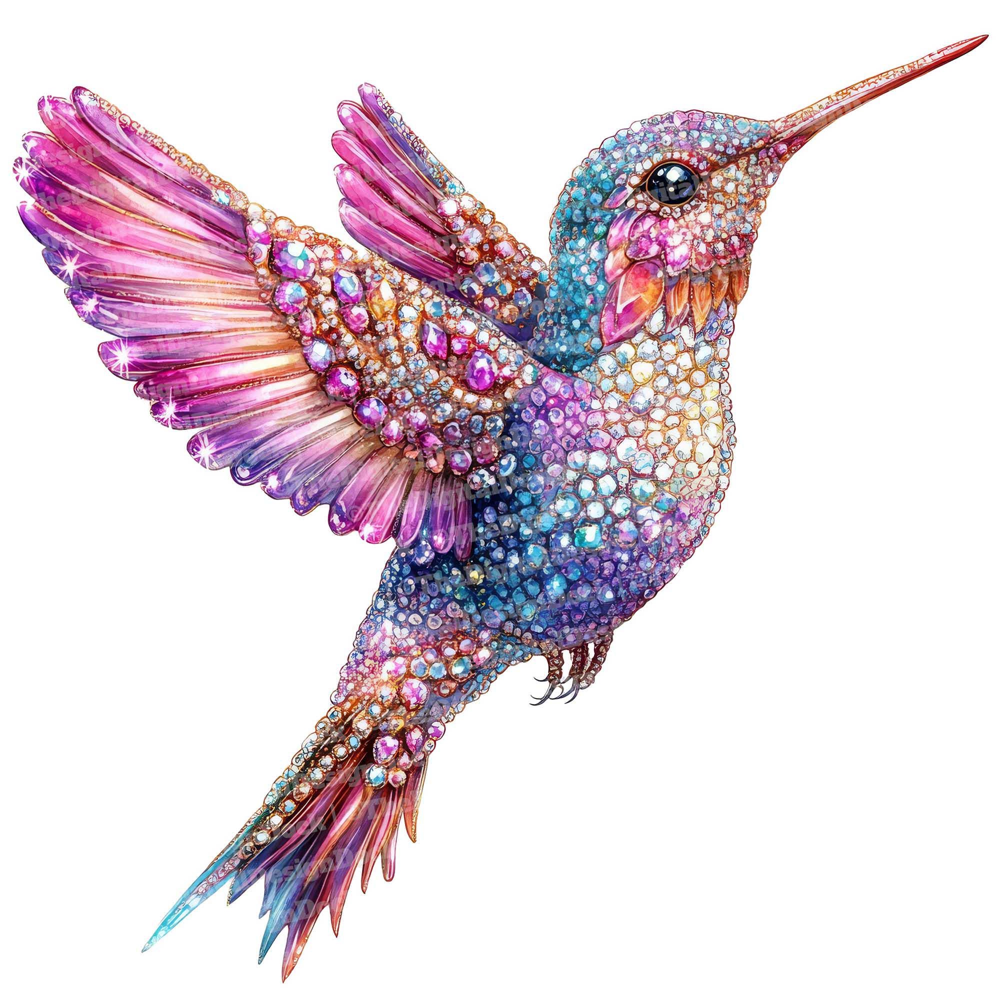 Jeweled Hummingbird Clip Art, 12x Watercolor Hummingbird With Gems ...