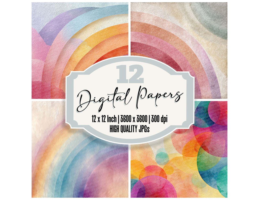 12x Soft Arc Rainbow Junk Journal Paper Watercolour Digital Paper Pack ...