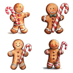12x Christmas Gingerbread Man With Candy Cane PNG Clipart, Watercolor ...