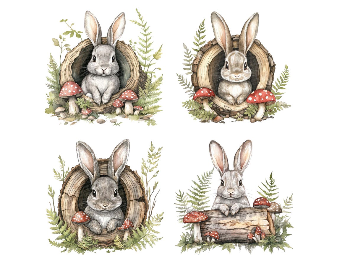 Rabbit PNG Clip Art, 12x Folk Art Bunny in Log Clipart Set, Watercolor ...