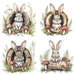 Rabbit PNG Clip Art, 12x Folk Art Bunny in Log Clipart Set, Watercolor ...