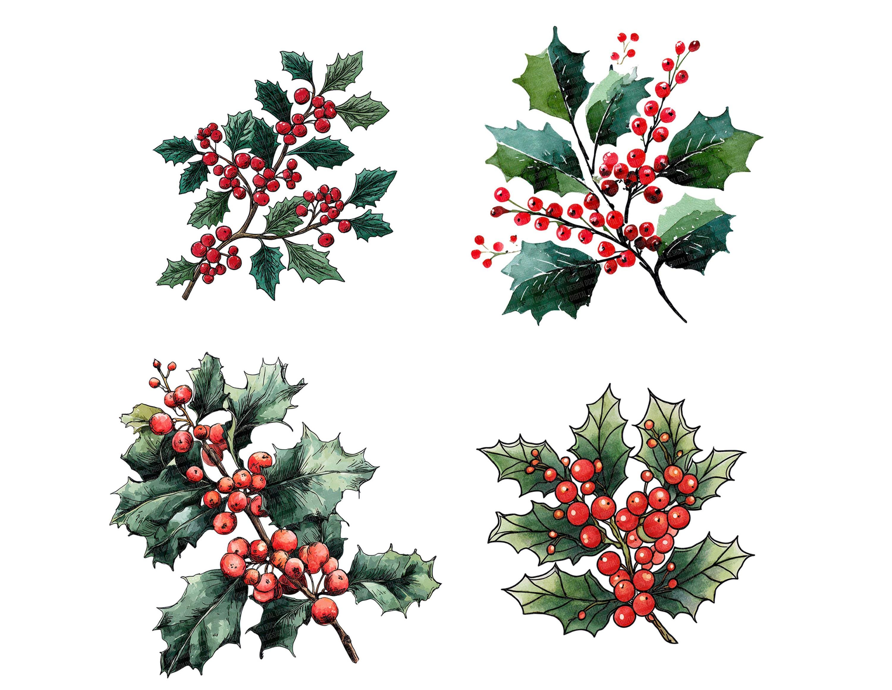 12x Holiday Holly PNG Clipart, Christmas Folk Art Clip Art Set ...