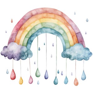 12x Watercolor Rainbow and Clouds Clipart, Hanging Raindrops ...