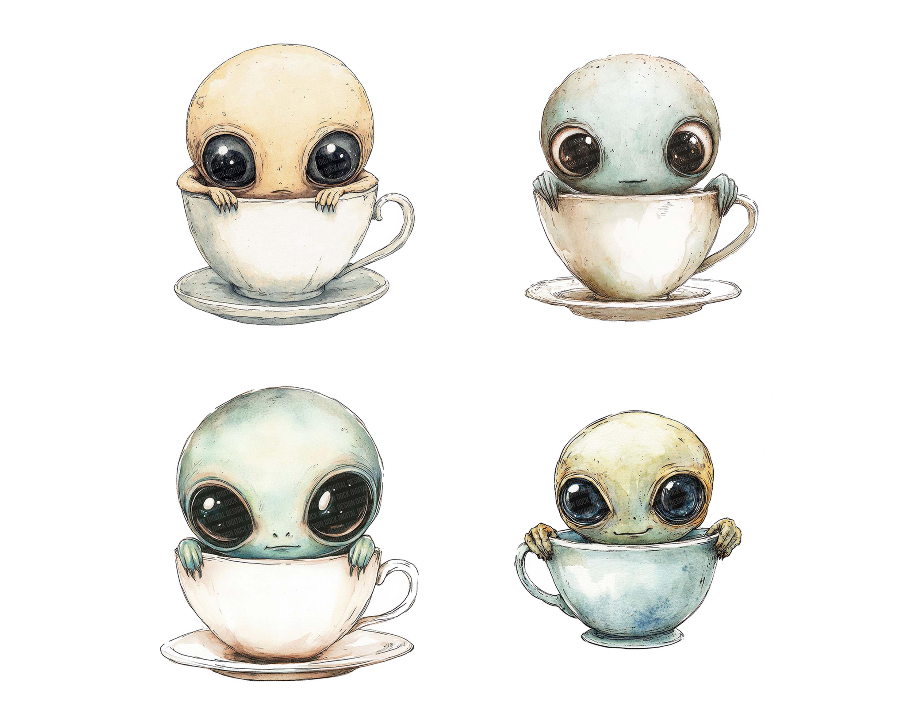 Alien Clipart, 12x Teacup Alien PNG Clip Art Set, Printable Watercolor ...