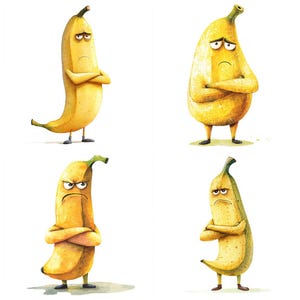 12x Angry Banana PNG Clip Art, Watercolor Banana Cartoon Character PNG ...