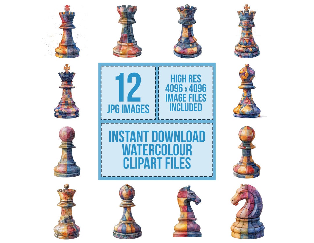12 Chess Piece Clipart, Watercolor Chess Set, Printable Watercolor ...
