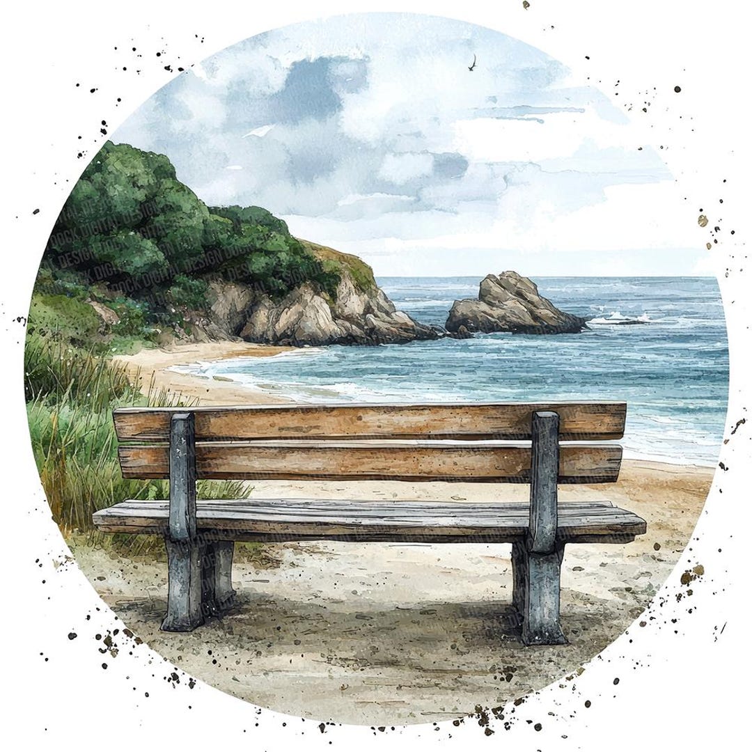 12 Beach Bench PNG Clipart, Watercolor Coastal Scene Art, Ocean View ...