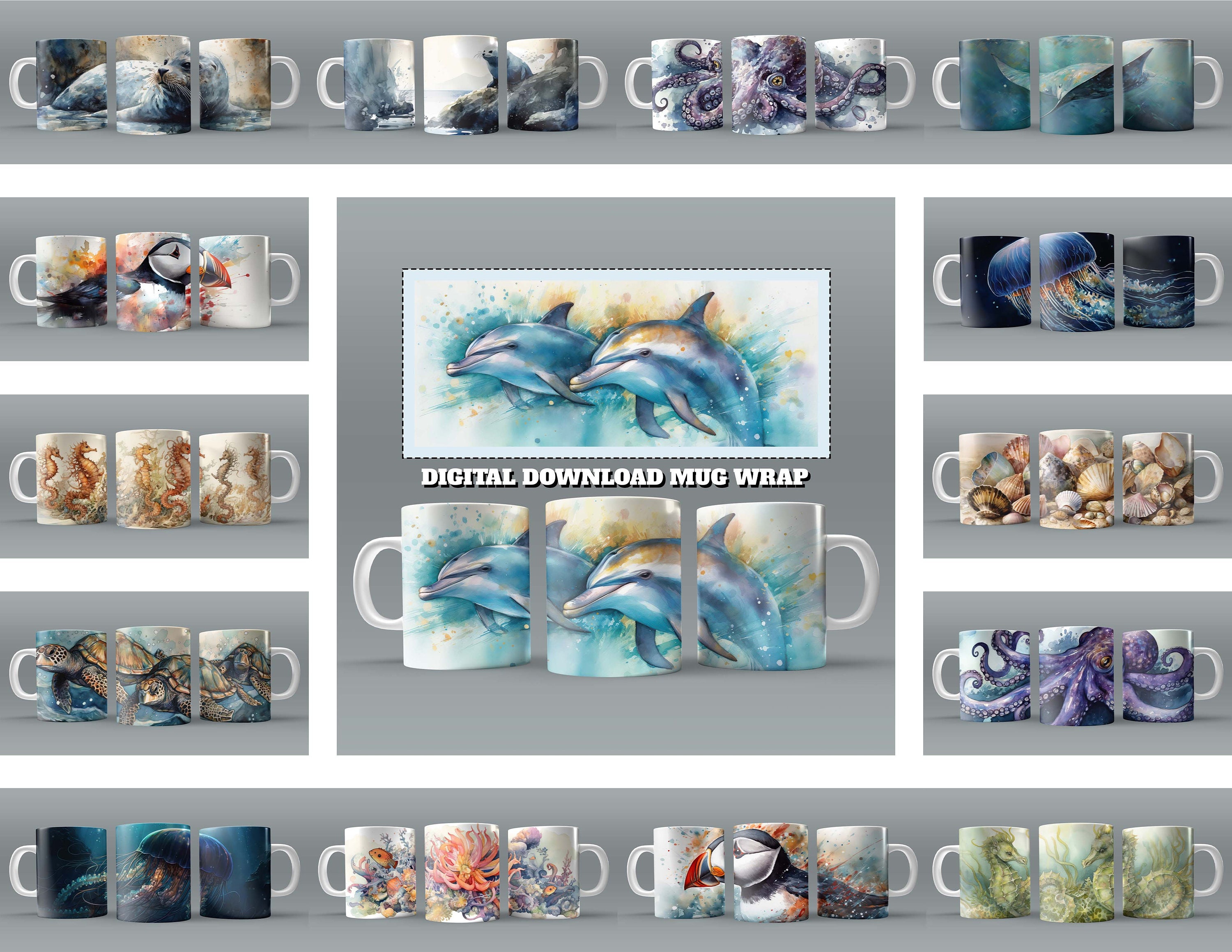 60x Watercolor Ocean PNG Mug Wraps for 11oz 15oz Sublimation Mug Bulk ...