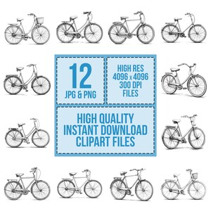 12 Bicycle Clip Art Pngs, Retro Line Art Bike Illustrations, Printable ...