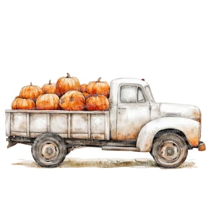 Pumpkin Truck Clip Art, 12x Watercolor Vintage Truck Pumpkins Harvest ...