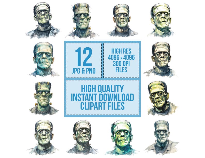 Frankenstein Clipart, 12 High Quality PNG/JPG, Watercolor Monster Clip ...